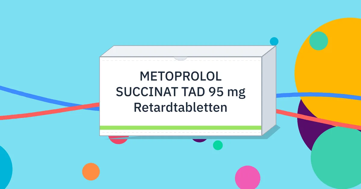 Symbolbild: Packung mit der Aufschrift METOPROLOL SUCCINAT TAD 95 mg Retardtabletten (PZN 11562439) – Verfügbarkeit und Bezug in Apotheken in Frankfurt am Main