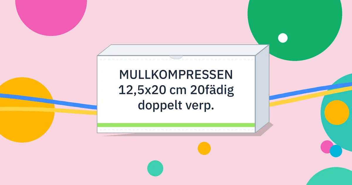 Symbolbild: Packung mit der Aufschrift MULLKOMPRESSEN 12,5x20 cm 20fädig doppelt verp. (PZN 03212889) – Verfügbarkeit und Bezug in Apotheken in Frankfurt am Main
