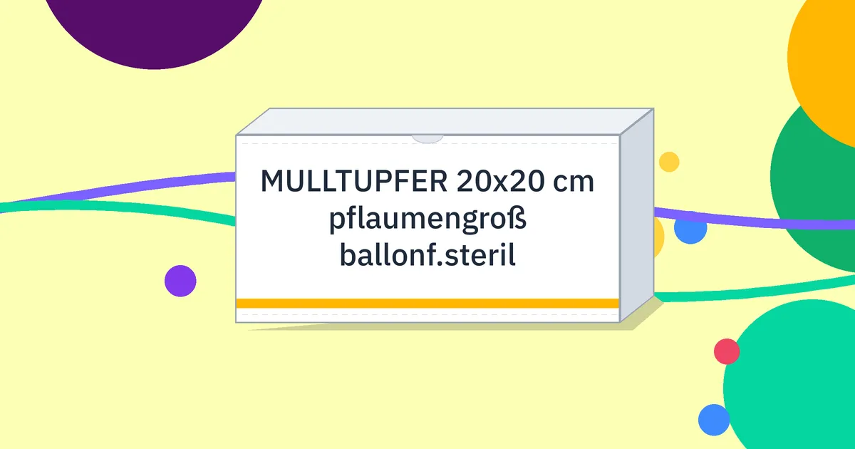 Symbolbild: Packung mit der Aufschrift MULLTUPFER 20x20 cm pflaumengroß ballonf.steril (PZN 00261887) – Verfügbarkeit und Bezug in Apotheken in Frankfurt am Main