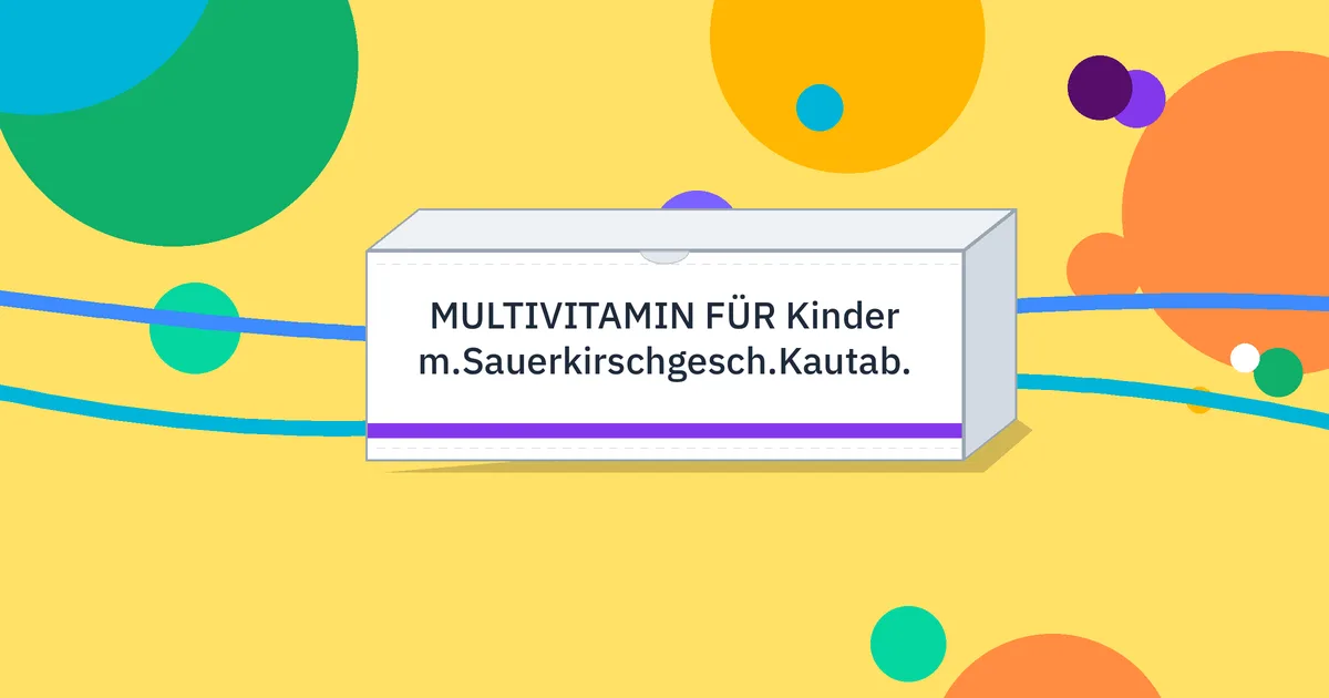 Symbolbild: Packung mit der Aufschrift MULTIVITAMIN FÜR Kinder m.Sauerkirschgesch.Kautab. (PZN 11714760) – Verfügbarkeit und Bezug in Apotheken in Frankfurt am Main