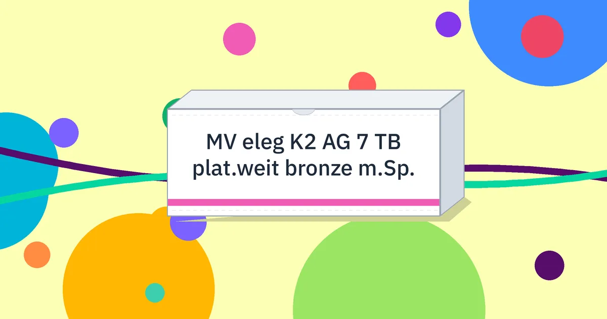 Symbolbild: Packung mit der Aufschrift MV eleg K2 AG 7 TB plat.weit bronze m.Sp. (PZN 14718391) – Verfügbarkeit und Bezug in Apotheken in Frankfurt am Main