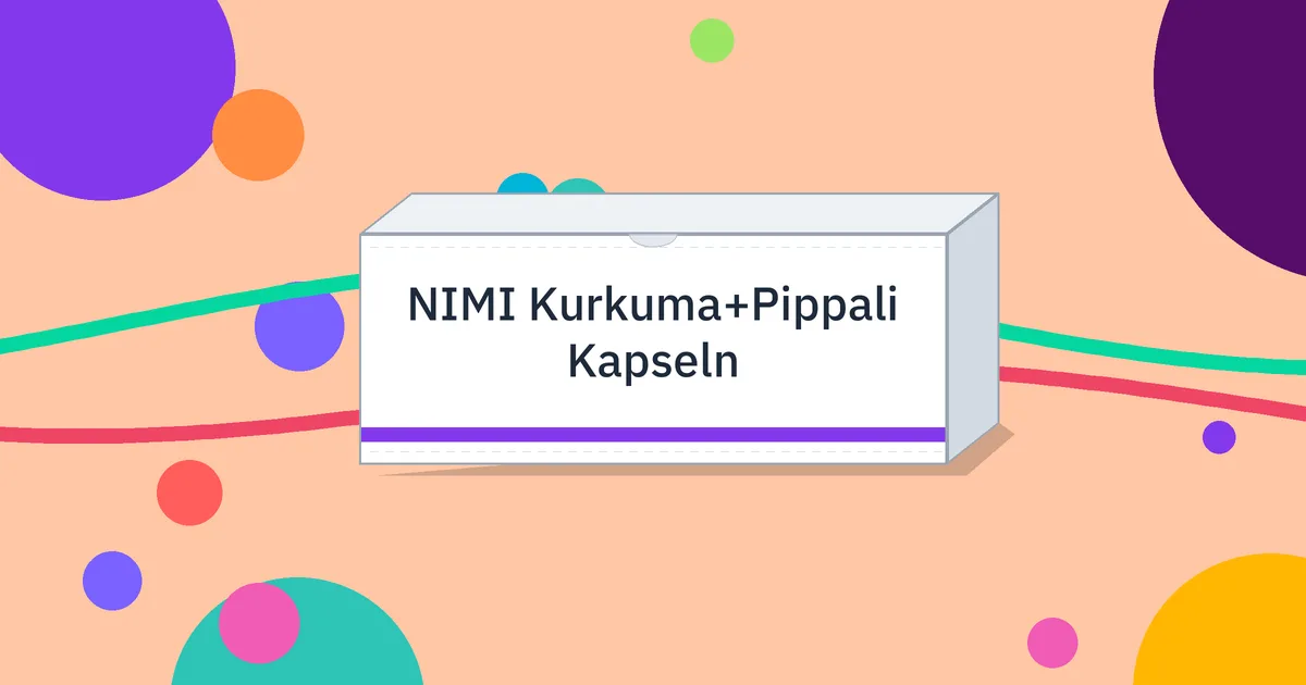 Symbolbild: Packung mit der Aufschrift NIMI Kurkuma+Pippali Kapseln (PZN 14234865) – Verfügbarkeit und Bezug in Apotheken in Frankfurt am Main