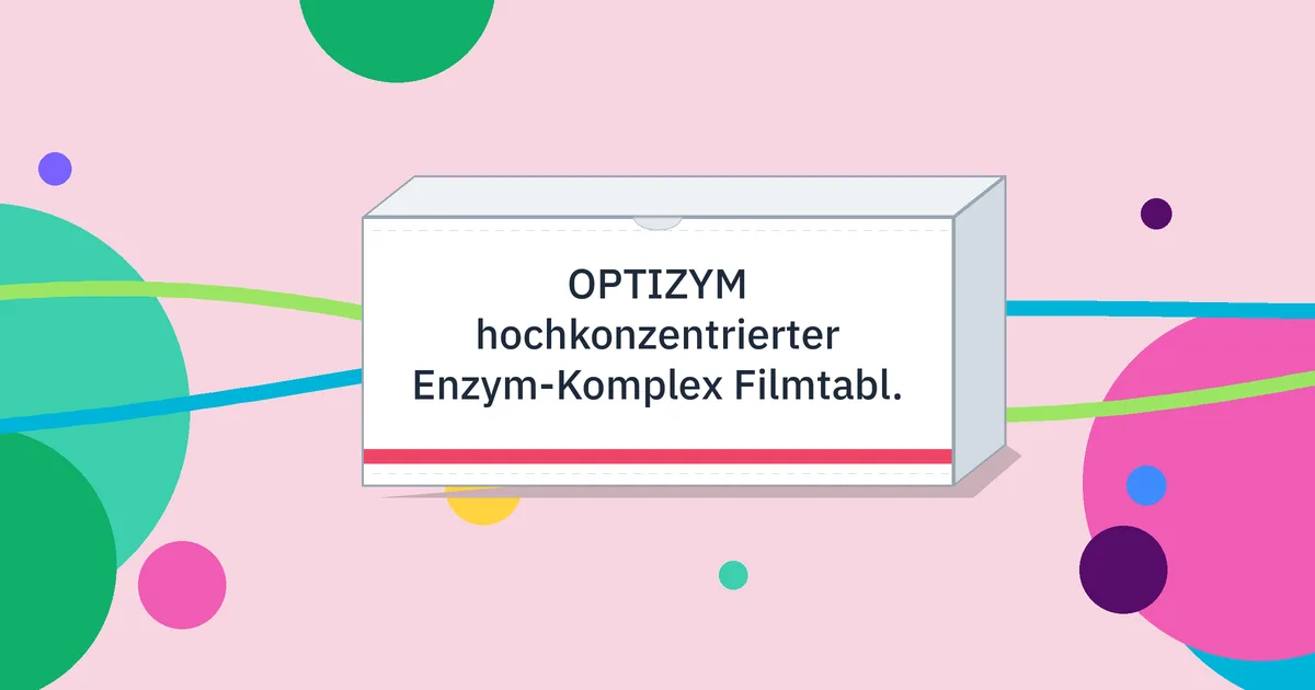 Symbolbild: Packung mit der Aufschrift OPTIZYM hochkonzentrierter Enzym-Komplex Filmtabl. (PZN 13879933) – Verfügbarkeit und Bezug in Apotheken in Frankfurt am Main
