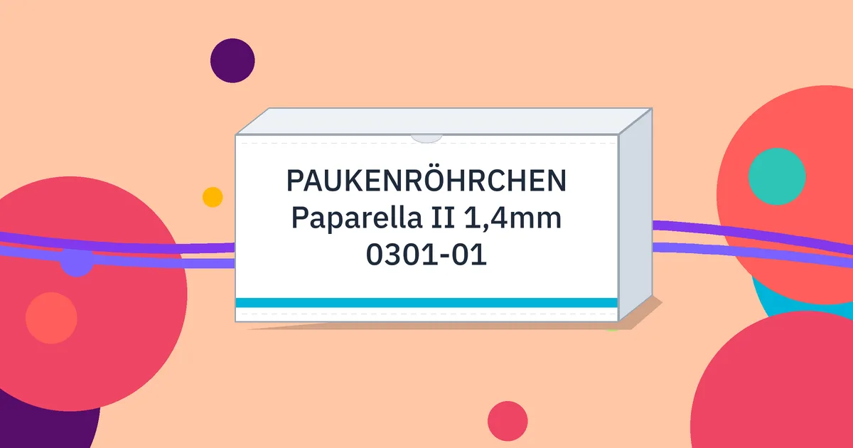 Symbolbild: Packung mit der Aufschrift PAUKENRÖHRCHEN Paparella II 1,4mm 0301-01 (PZN 00184448) – Verfügbarkeit und Bezug in Apotheken in Frankfurt am Main