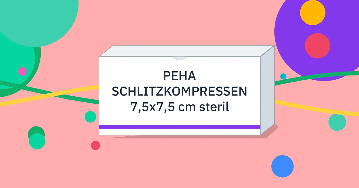 Symbolbild: Packung mit der Aufschrift PEHA SCHLITZKOMPRESSEN 7,5x7,5 cm steril (PZN 19851195) – Verfügbarkeit und Bezug in Apotheken in Frankfurt am Main