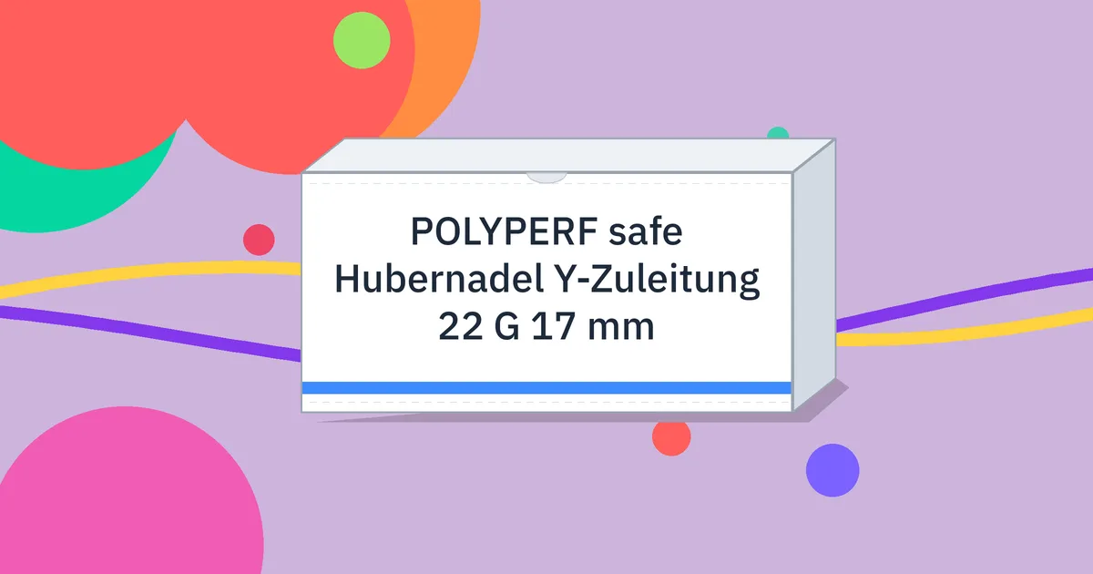 Symbolbild: Packung mit der Aufschrift POLYPERF safe Hubernadel Y-Zuleitung 22 G 17 mm (PZN 18113905) – Verfügbarkeit und Bezug in Apotheken in Frankfurt am Main