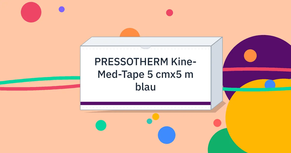 Symbolbild: Packung mit der Aufschrift PRESSOTHERM Kine-Med-Tape 5 cmx5 m blau (PZN 06332677) – Verfügbarkeit und Bezug in Apotheken in Frankfurt am Main