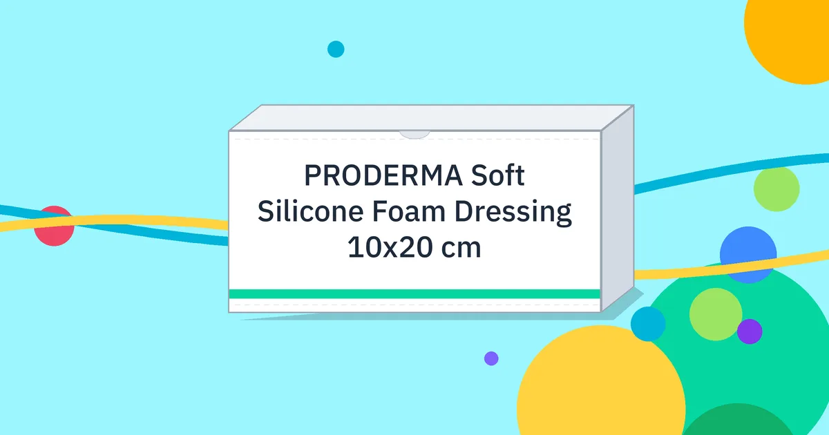 Symbolbild: Packung mit der Aufschrift PRODERMA Soft Silicone Foam Dressing 10x20 cm (PZN 20313818) – Verfügbarkeit und Bezug in Apotheken in Frankfurt am Main