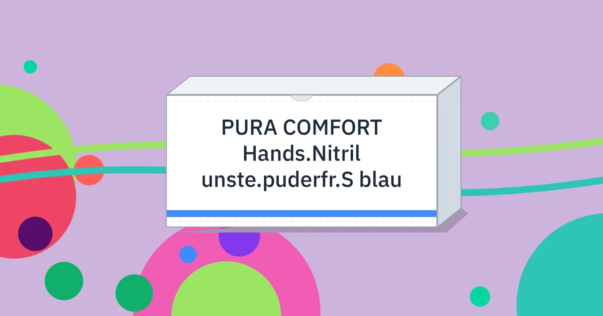 Symbolbild: Packung mit der Aufschrift PURA COMFORT Hands.Nitril unste.puderfr.S blau (PZN 13511400) – Verfügbarkeit und Bezug in Apotheken in Frankfurt am Main