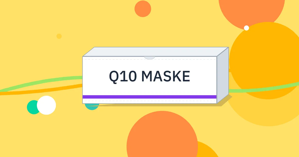 Symbolbild: Packung mit der Aufschrift Q10 MASKE (PZN 06943719) – Verfügbarkeit und Bezug in Apotheken in Frankfurt am Main