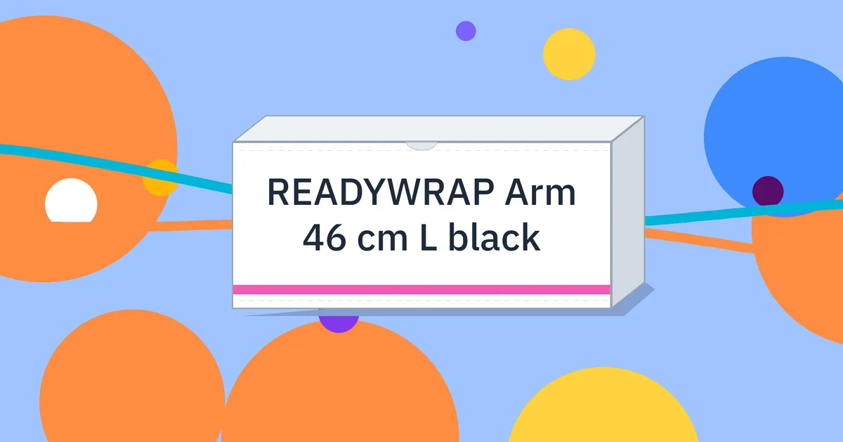Symbolbild: Packung mit der Aufschrift READYWRAP Arm 46 cm L black (PZN 16567217) – Verfügbarkeit und Bezug in Apotheken in Frankfurt am Main