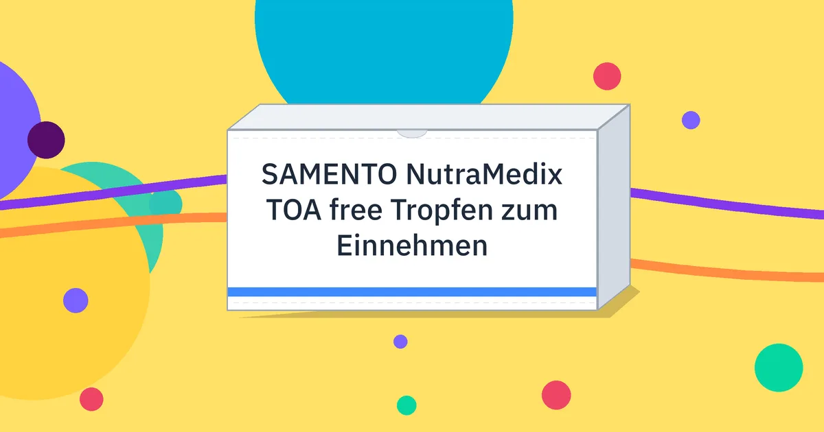 Symbolbild: Packung mit der Aufschrift SAMENTO NutraMedix TOA free Tropfen zum Einnehmen (PZN 18040282) – Verfügbarkeit und Bezug in Apotheken in Frankfurt am Main