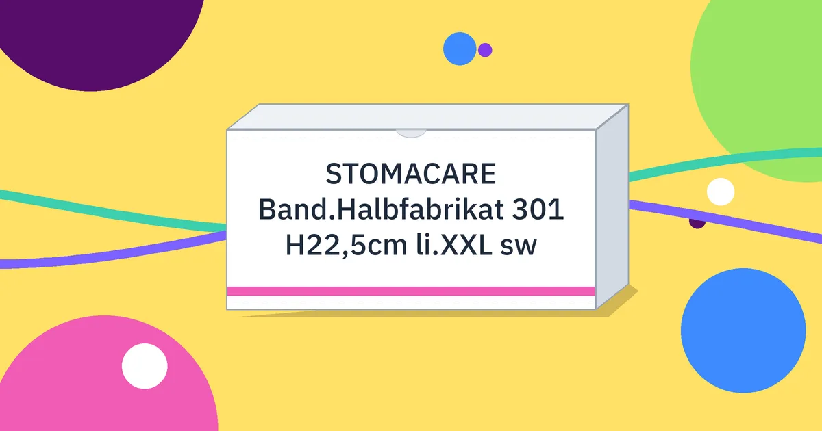 Symbolbild: Packung mit der Aufschrift STOMACARE Band.Halbfabrikat 301 H22,5cm li.XXL sw (PZN 09436644) – Verfügbarkeit und Bezug in Apotheken in Frankfurt am Main