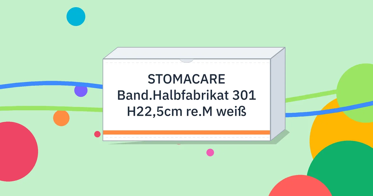 Symbolbild: Packung mit der Aufschrift STOMACARE Band.Halbfabrikat 301 H22,5cm re.M weiß (PZN 03413949) – Verfügbarkeit und Bezug in Apotheken in Frankfurt am Main