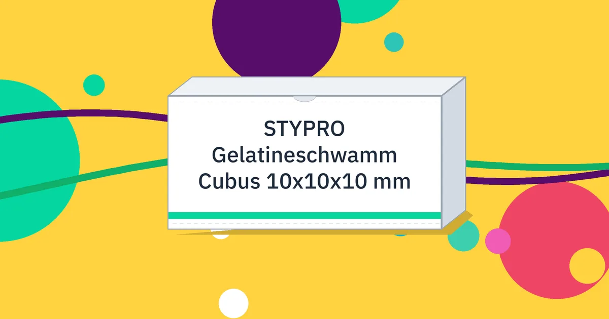 Symbolbild: Packung mit der Aufschrift STYPRO Gelatineschwamm Cubus 10x10x10 mm (PZN 01850120) – Verfügbarkeit und Bezug in Apotheken in Frankfurt am Main