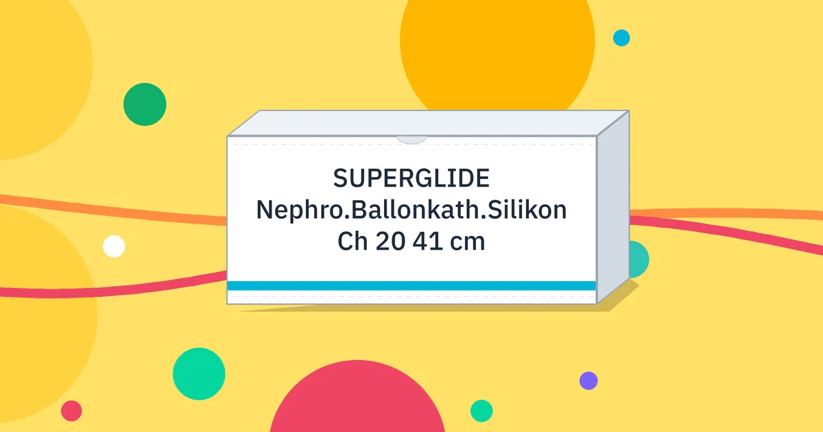 Symbolbild: Packung mit der Aufschrift SUPERGLIDE Nephro.Ballonkath.Silikon Ch 20 41 cm (PZN 05034653) – Verfügbarkeit und Bezug in Apotheken in Frankfurt am Main