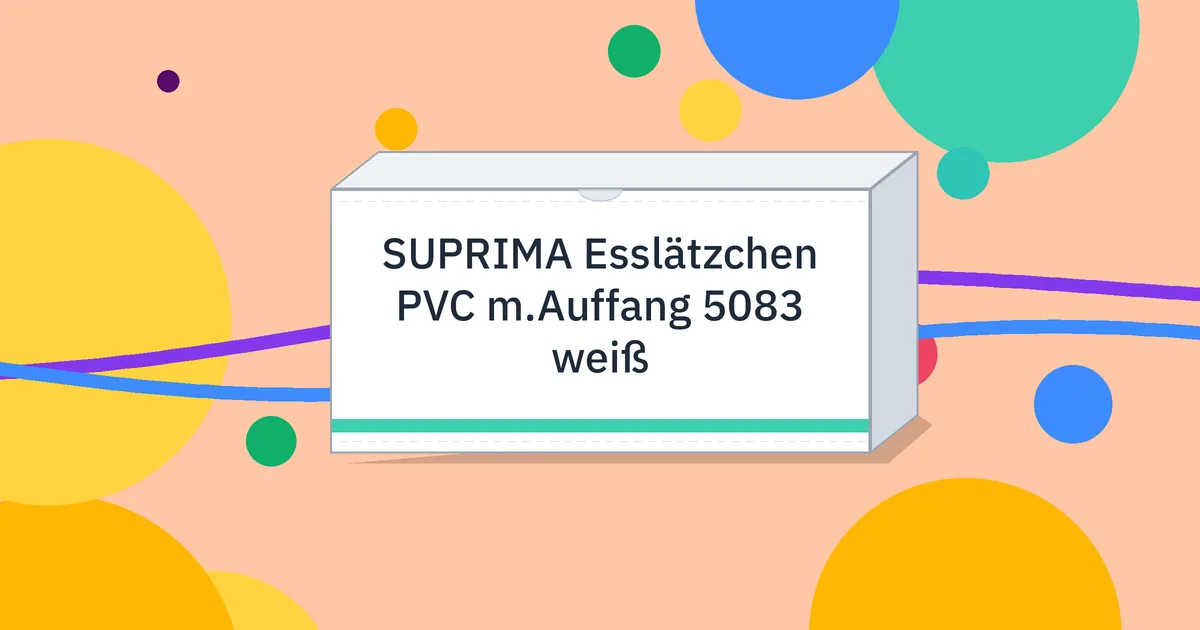 Symbolbild: Packung mit der Aufschrift SUPRIMA Esslätzchen PVC m.Auffang 5083 weiß (PZN 07673162) – Verfügbarkeit und Bezug in Apotheken in Frankfurt am Main