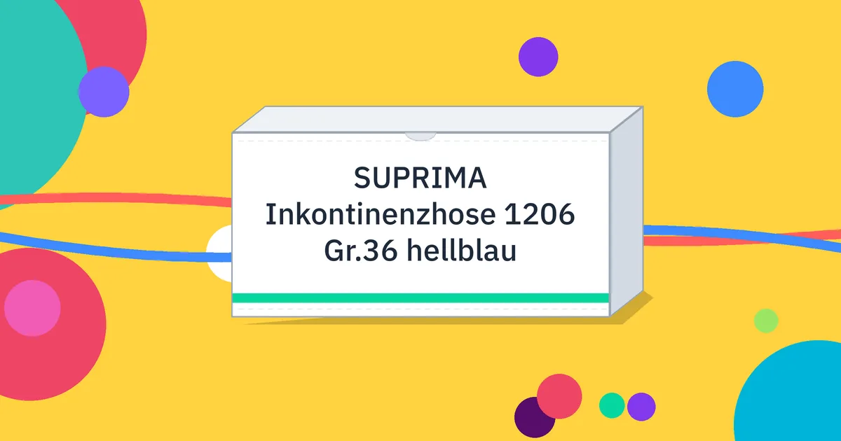 Symbolbild: Packung mit der Aufschrift SUPRIMA Inkontinenzhose 1206 Gr.36 hellblau (PZN 03021793) – Verfügbarkeit und Bezug in Apotheken in Frankfurt am Main