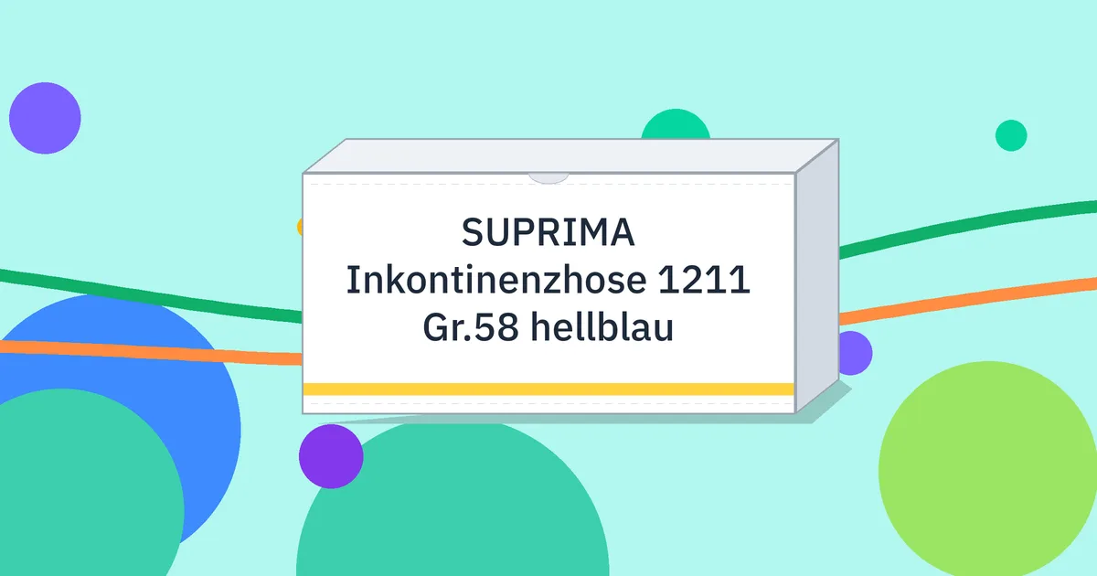 Symbolbild: Packung mit der Aufschrift SUPRIMA Inkontinenzhose 1211 Gr.58 hellblau (PZN 03024231) – Verfügbarkeit und Bezug in Apotheken in Frankfurt am Main