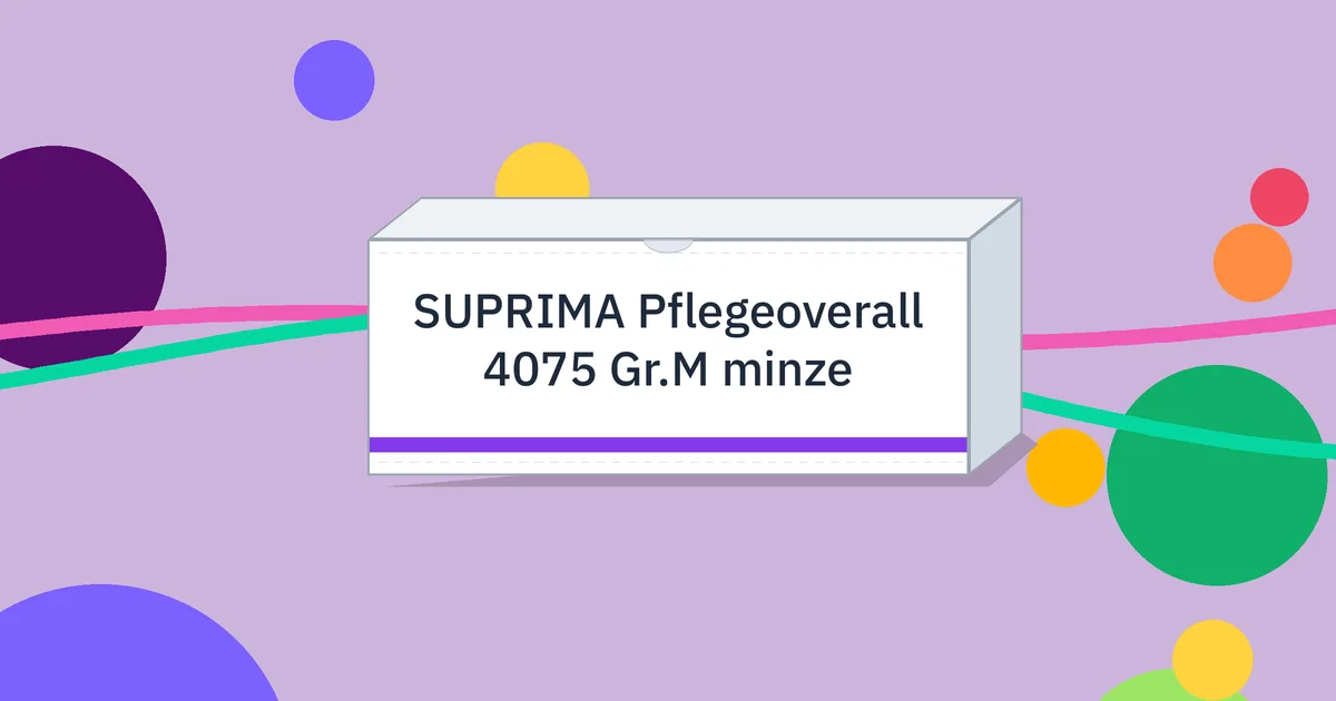 Symbolbild: Packung mit der Aufschrift SUPRIMA Pflegeoverall 4075 Gr.M minze (PZN 00068216) – Verfügbarkeit und Bezug in Apotheken in Frankfurt am Main