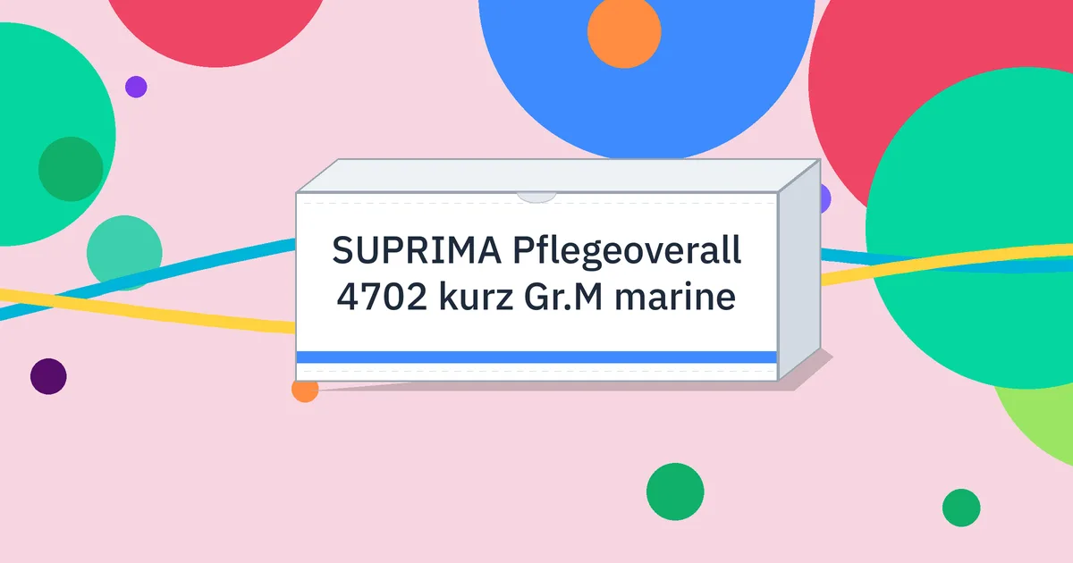 Symbolbild: Packung mit der Aufschrift SUPRIMA Pflegeoverall 4702 kurz Gr.M marine (PZN 09376729) – Verfügbarkeit und Bezug in Apotheken in Frankfurt am Main