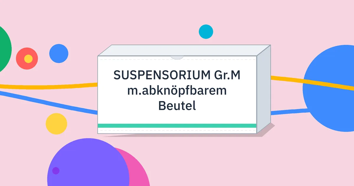 Symbolbild: Packung mit der Aufschrift SUSPENSORIUM Gr.M m.abknöpfbarem Beutel (PZN 18798671) – Verfügbarkeit und Bezug in Apotheken in Frankfurt am Main