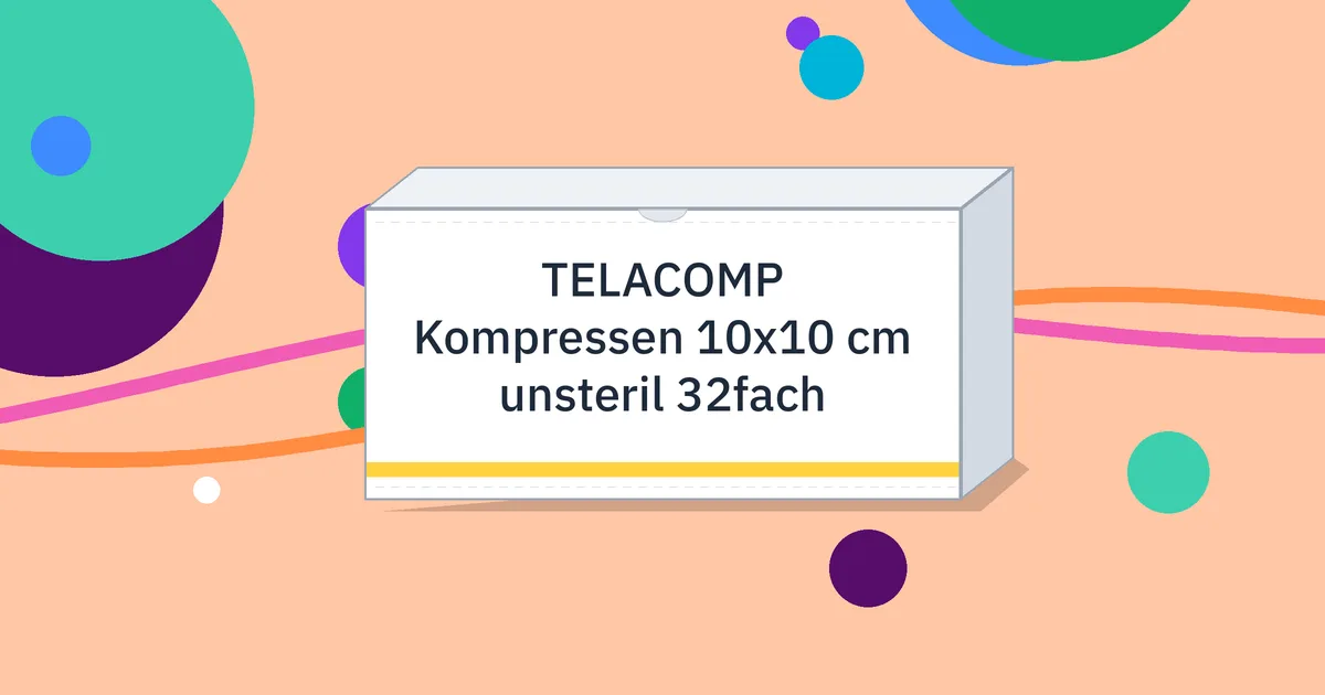 Symbolbild: Packung mit der Aufschrift TELACOMP Kompressen 10x10 cm unsteril 32fach (PZN 19890143) – Verfügbarkeit und Bezug in Apotheken in Frankfurt am Main