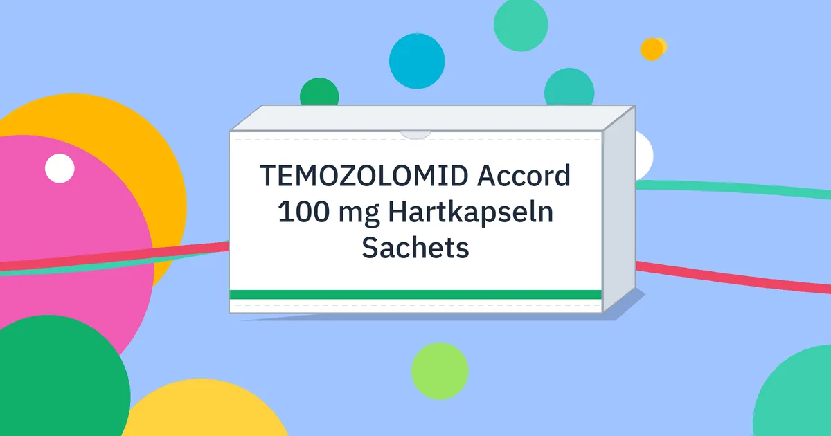 Symbolbild: Packung mit der Aufschrift TEMOZOLOMID Accord 100 mg Hartkapseln Sachets (PZN 11291265) – Verfügbarkeit und Bezug in Apotheken in Frankfurt am Main