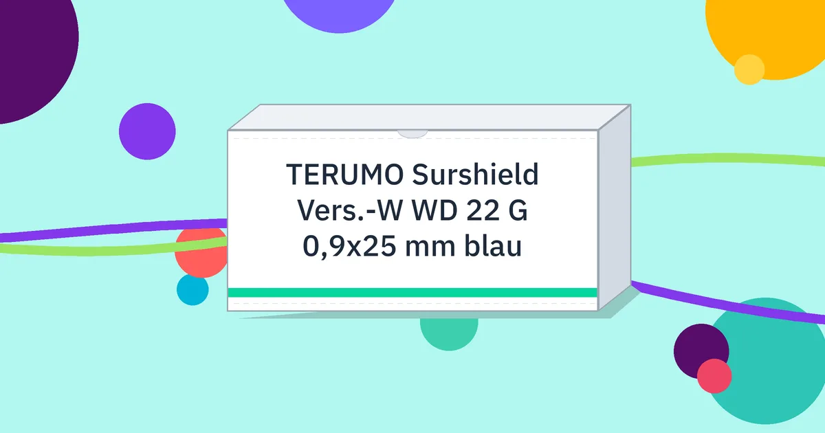 Symbolbild: Packung mit der Aufschrift TERUMO Surshield Vers.-W WD 22 G 0,9x25 mm blau (PZN 17630751) – Verfügbarkeit und Bezug in Apotheken in Frankfurt am Main