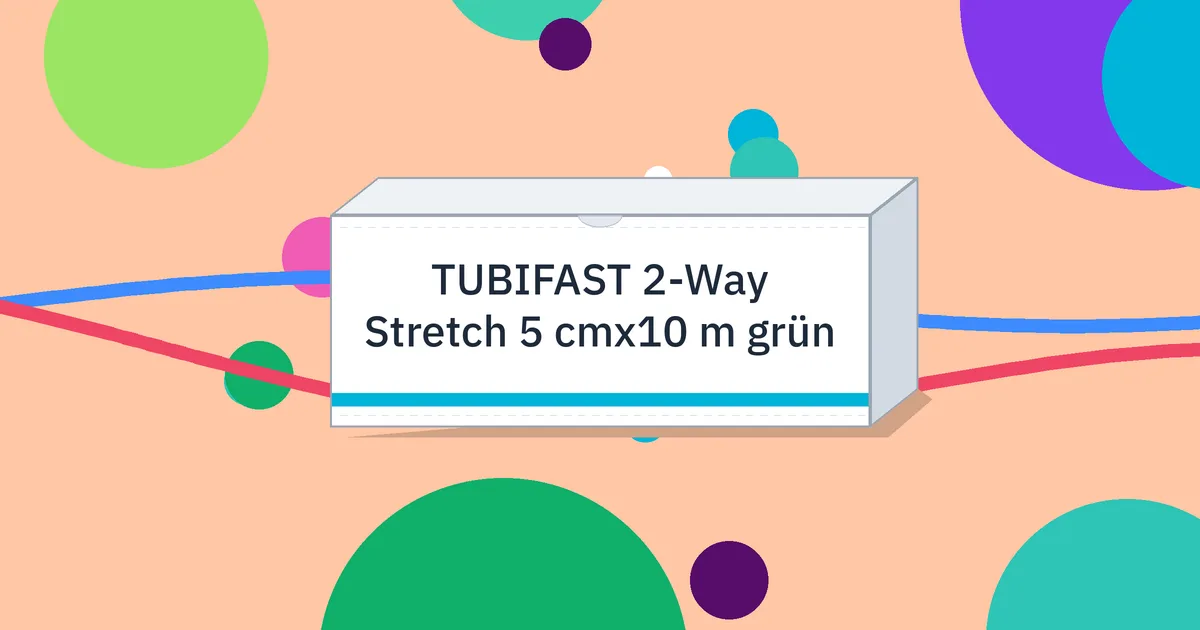 Symbolbild: Packung mit der Aufschrift TUBIFAST 2-Way Stretch 5 cmx10 m grün (PZN 19890611) – Verfügbarkeit und Bezug in Apotheken in Frankfurt am Main
