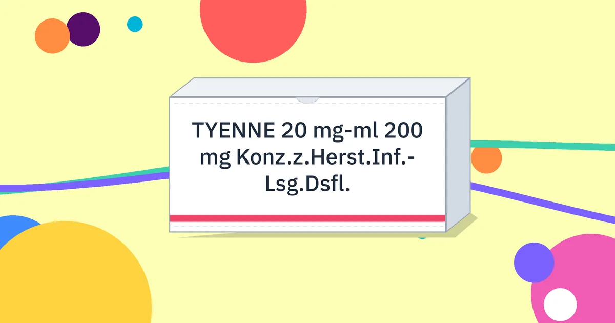 Symbolbild: Packung mit der Aufschrift TYENNE 20 mg-ml 200 mg Konz.z.Herst.Inf.-Lsg.Dsfl. (PZN 19488659) – Verfügbarkeit und Bezug in Apotheken in Frankfurt am Main