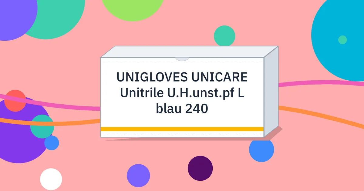 Symbolbild: Packung mit der Aufschrift UNIGLOVES UNICARE Unitrile U.H.unst.pf L blau 240 (PZN 20189169) – Verfügbarkeit und Bezug in Apotheken in Frankfurt am Main