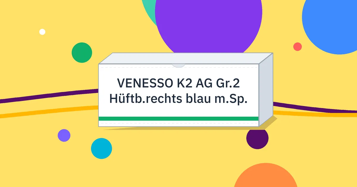 Symbolbild: Packung mit der Aufschrift VENESSO K2 AG Gr.2 Hüftb.rechts blau m.Sp. (PZN 03273365) – Verfügbarkeit und Bezug in Apotheken in Frankfurt am Main