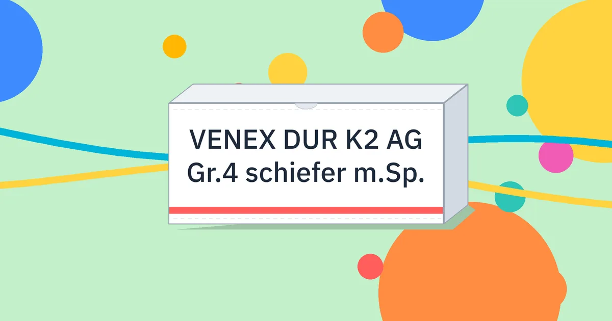 Symbolbild: Packung mit der Aufschrift VENEX DUR K2 AG Gr.4 schiefer m.Sp. (PZN 03213860) – Verfügbarkeit und Bezug in Apotheken in Frankfurt am Main