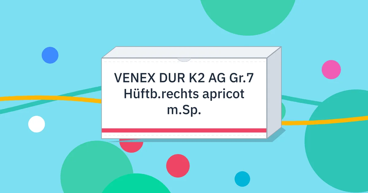 Symbolbild: Packung mit der Aufschrift VENEX DUR K2 AG Gr.7 Hüftb.rechts apricot m.Sp. (PZN 03228850) – Verfügbarkeit und Bezug in Apotheken in Frankfurt am Main