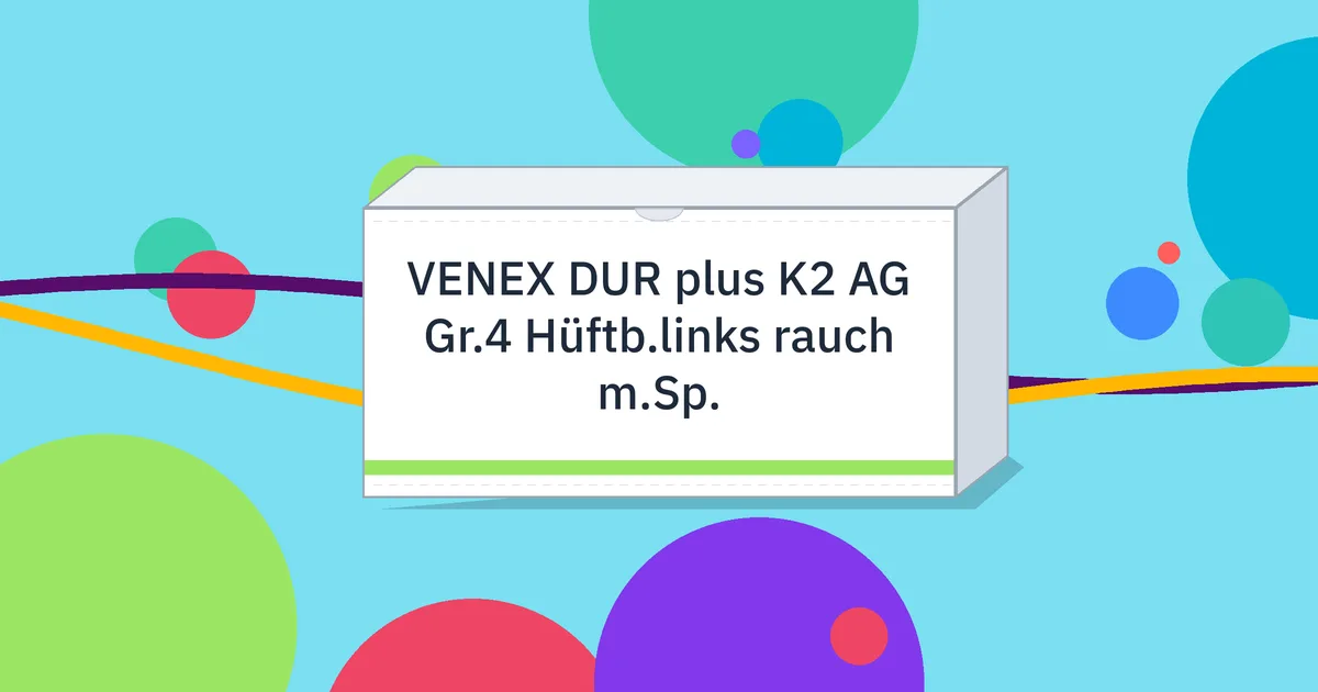 Symbolbild: Packung mit der Aufschrift VENEX DUR plus K2 AG Gr.4 Hüftb.links rauch m.Sp. (PZN 03237837) – Verfügbarkeit und Bezug in Apotheken in Frankfurt am Main