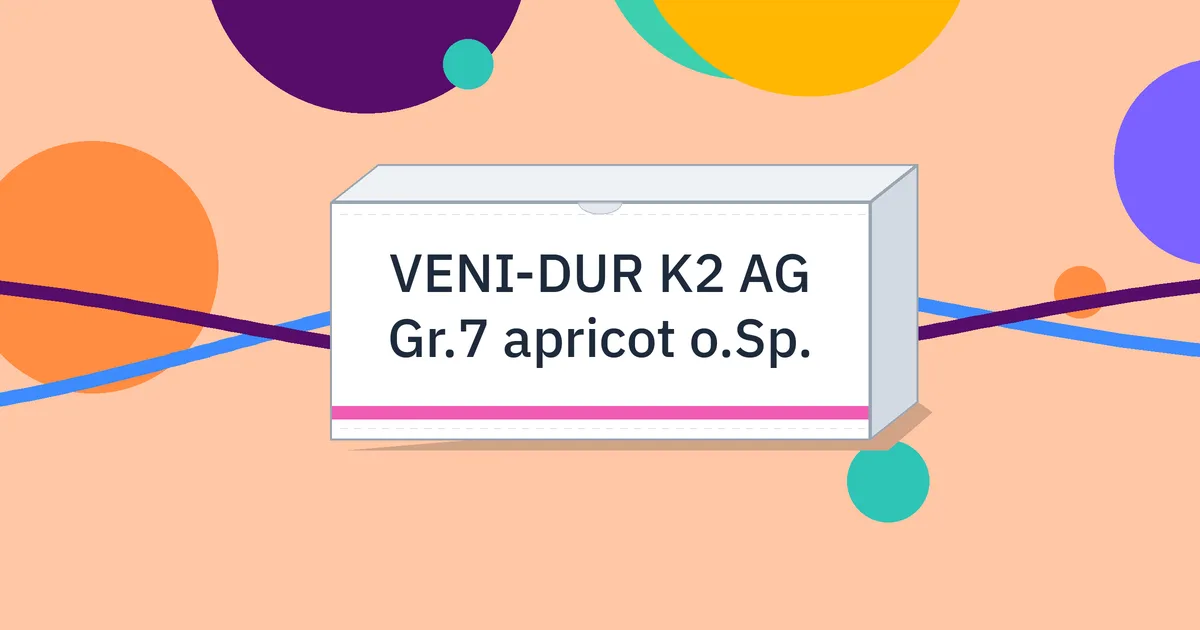 Symbolbild: Packung mit der Aufschrift VENI-DUR K2 AG Gr.7 apricot o.Sp. (PZN 03246167) – Verfügbarkeit und Bezug in Apotheken in Frankfurt am Main