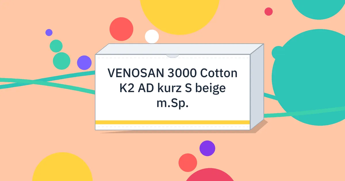 Symbolbild: Packung mit der Aufschrift VENOSAN 3000 Cotton K2 AD kurz S beige m.Sp. (PZN 14421254) – Verfügbarkeit und Bezug in Apotheken in Frankfurt am Main