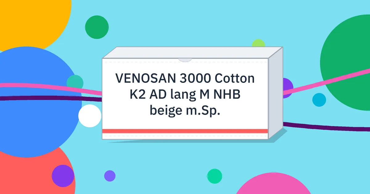 Symbolbild: Packung mit der Aufschrift VENOSAN 3000 Cotton K2 AD lang M NHB beige m.Sp. (PZN 14421366) – Verfügbarkeit und Bezug in Apotheken in Frankfurt am Main