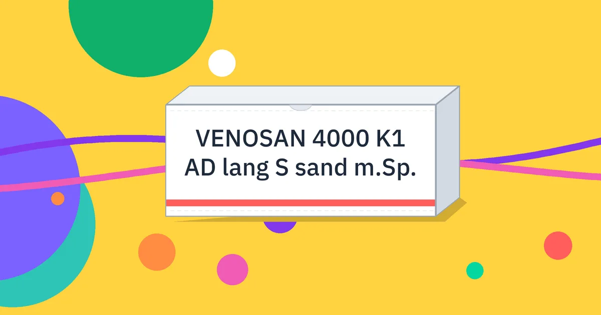 Symbolbild: Packung mit der Aufschrift VENOSAN 4000 K1 AD lang S sand m.Sp. (PZN 14421774) – Verfügbarkeit und Bezug in Apotheken in Frankfurt am Main