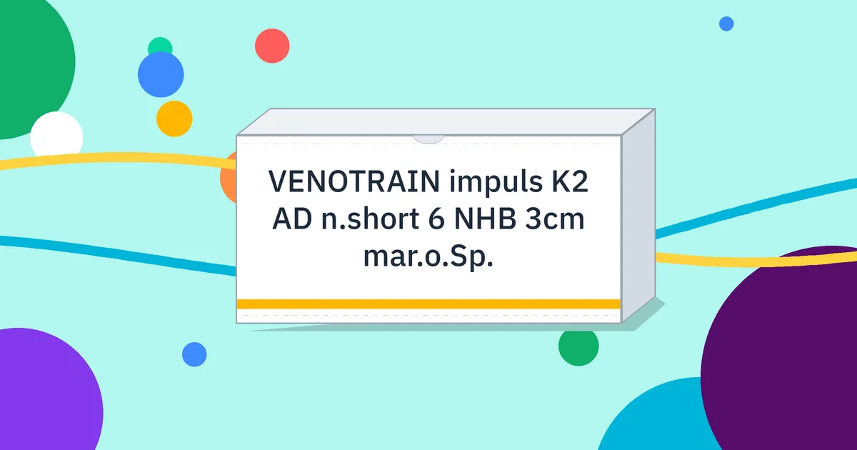 Symbolbild: Packung mit der Aufschrift VENOTRAIN impuls K2 AD n.short 6 NHB 3cm mar.o.Sp. (PZN 15223763) – Verfügbarkeit und Bezug in Apotheken in Frankfurt am Main
