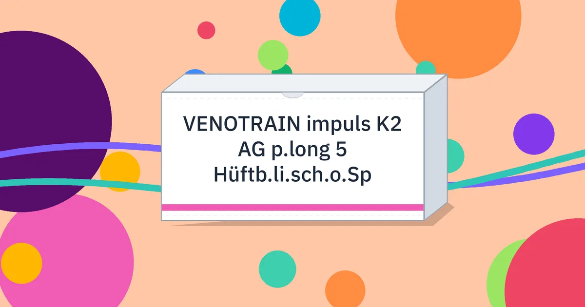 Symbolbild: Packung mit der Aufschrift VENOTRAIN impuls K2 AG p.long 5 Hüftb.li.sch.o.Sp (PZN 10295232) – Verfügbarkeit und Bezug in Apotheken in Frankfurt am Main