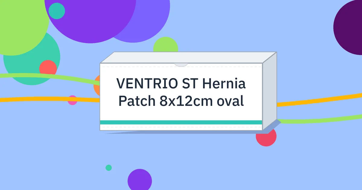 Symbolbild: Packung mit der Aufschrift VENTRIO ST Hernia Patch 8x12cm oval (PZN 09485068) – Verfügbarkeit und Bezug in Apotheken in Frankfurt am Main