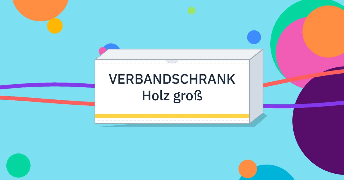 Symbolbild: Packung mit der Aufschrift VERBANDSCHRANK Holz groß (PZN 01723640) – Verfügbarkeit und Bezug in Apotheken in Frankfurt am Main
