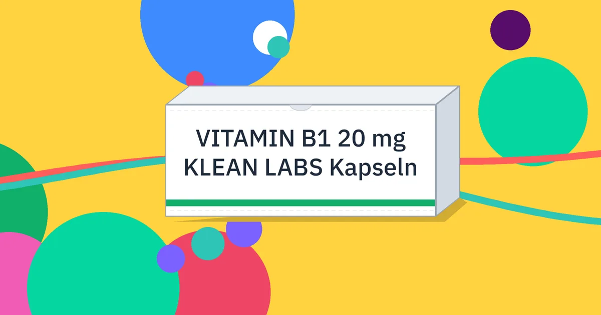 Symbolbild: Packung mit der Aufschrift VITAMIN B1 20 mg KLEAN LABS Kapseln (PZN 19246979) – Verfügbarkeit und Bezug in Apotheken in Frankfurt am Main