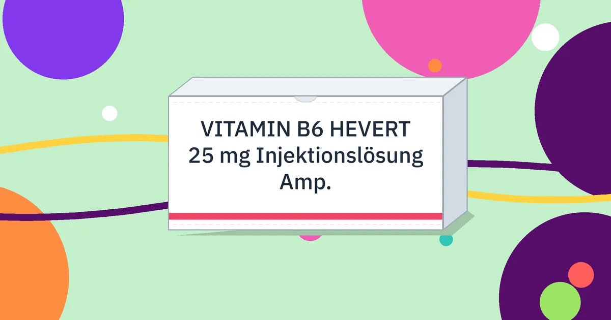 Symbolbild: Packung mit der Aufschrift VITAMIN B6 HEVERT 25 mg Injektionslösung Amp. (PZN 19831637) – Verfügbarkeit und Bezug in Apotheken in Frankfurt am Main