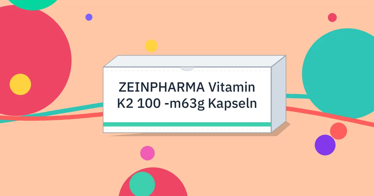 Symbolbild: Packung mit der Aufschrift ZEINPHARMA Vitamin K2 100 -m63g Kapseln (PZN 19371495) – Verfügbarkeit und Bezug in Apotheken in Frankfurt am Main