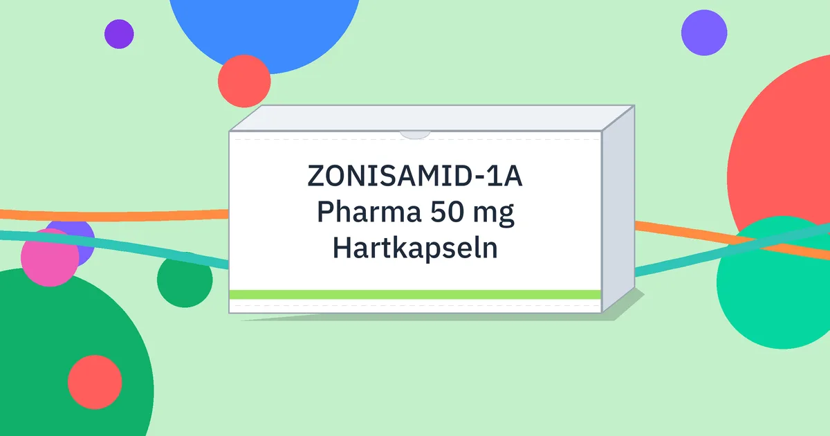 Symbolbild: Packung mit der Aufschrift ZONISAMID-1A Pharma 50 mg Hartkapseln (PZN 11725120) – Verfügbarkeit und Bezug in Apotheken in Frankfurt am Main