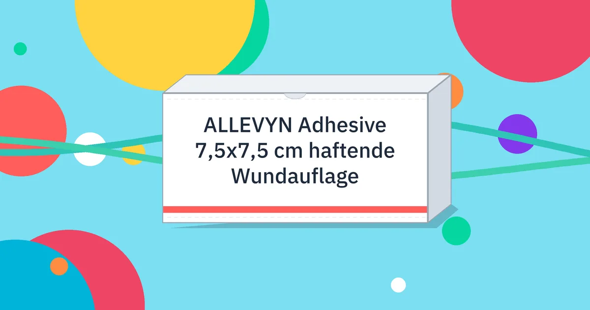 Symbolbild: Packung mit der Aufschrift ALLEVYN Adhesive 7,5x7,5 cm haftende Wundauflage (PZN 11229792) – Verfügbarkeit und Bezug in Apotheken in Frankfurt am Main