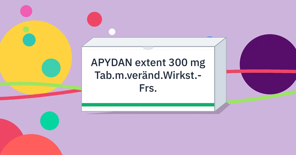 Symbolbild: Packung mit der Aufschrift APYDAN extent 300 mg Tab.m.veränd.Wirkst.-Frs. (PZN 00714018) – Verfügbarkeit und Bezug in Apotheken in Frankfurt am Main